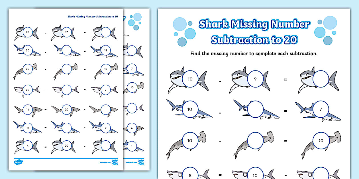 👉 Shark Missing Number Subtraction to 20 - KS1 - Twinkl