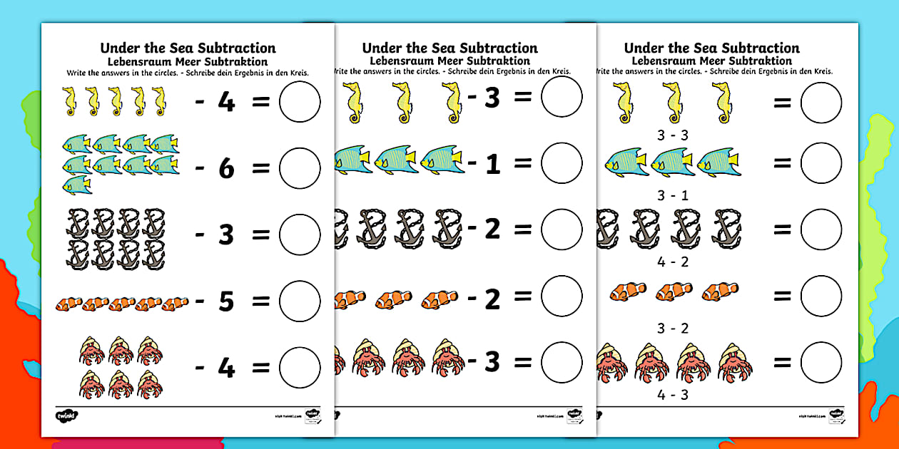 Under the Sea Subtraction Worksheets English/German - EAL, German ...