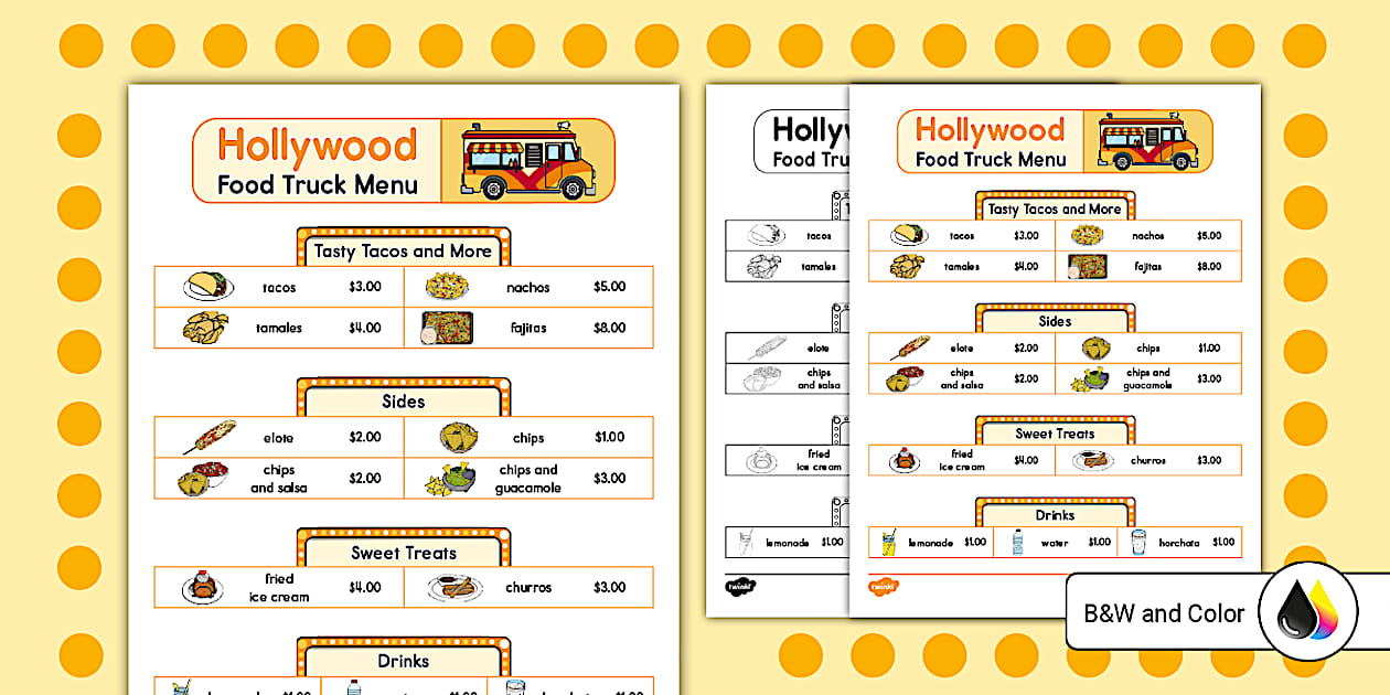 Hollywood Food Truck Dramatic Play Menu Sign - Twinkl