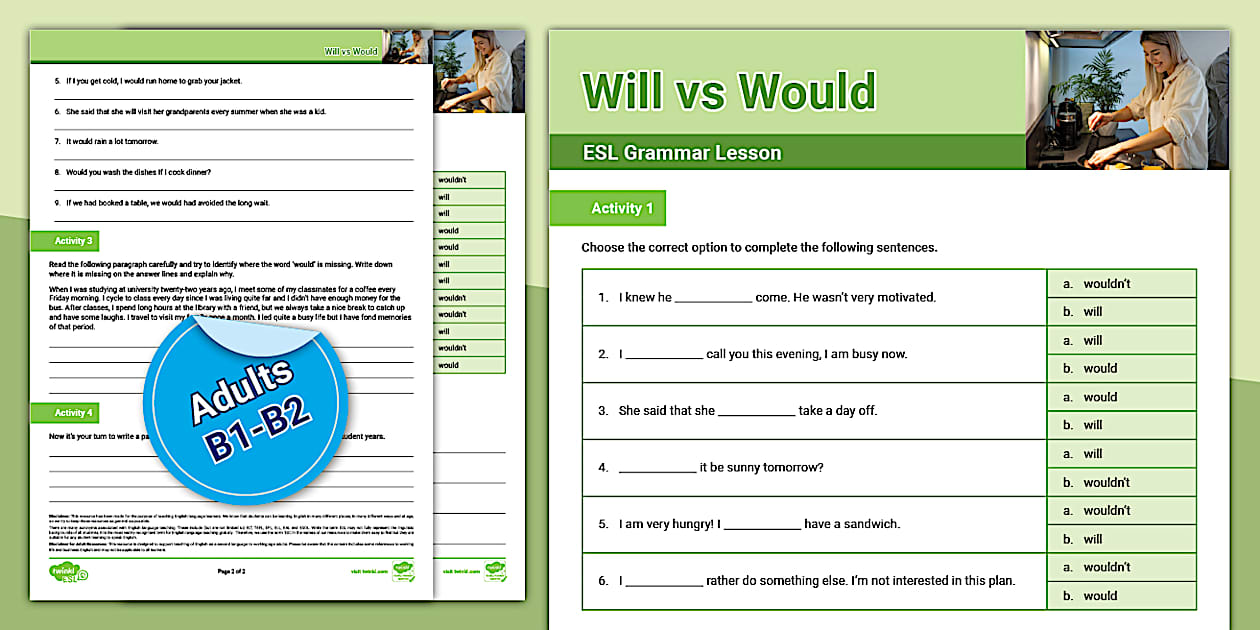 ESL Will or Would Worksheet [Adults, B1-B2] - Twinkl