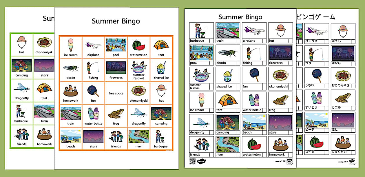 夏休みのビンゴゲーム 英語と日本語版 Summer Vacation Bingo- English and Japanese