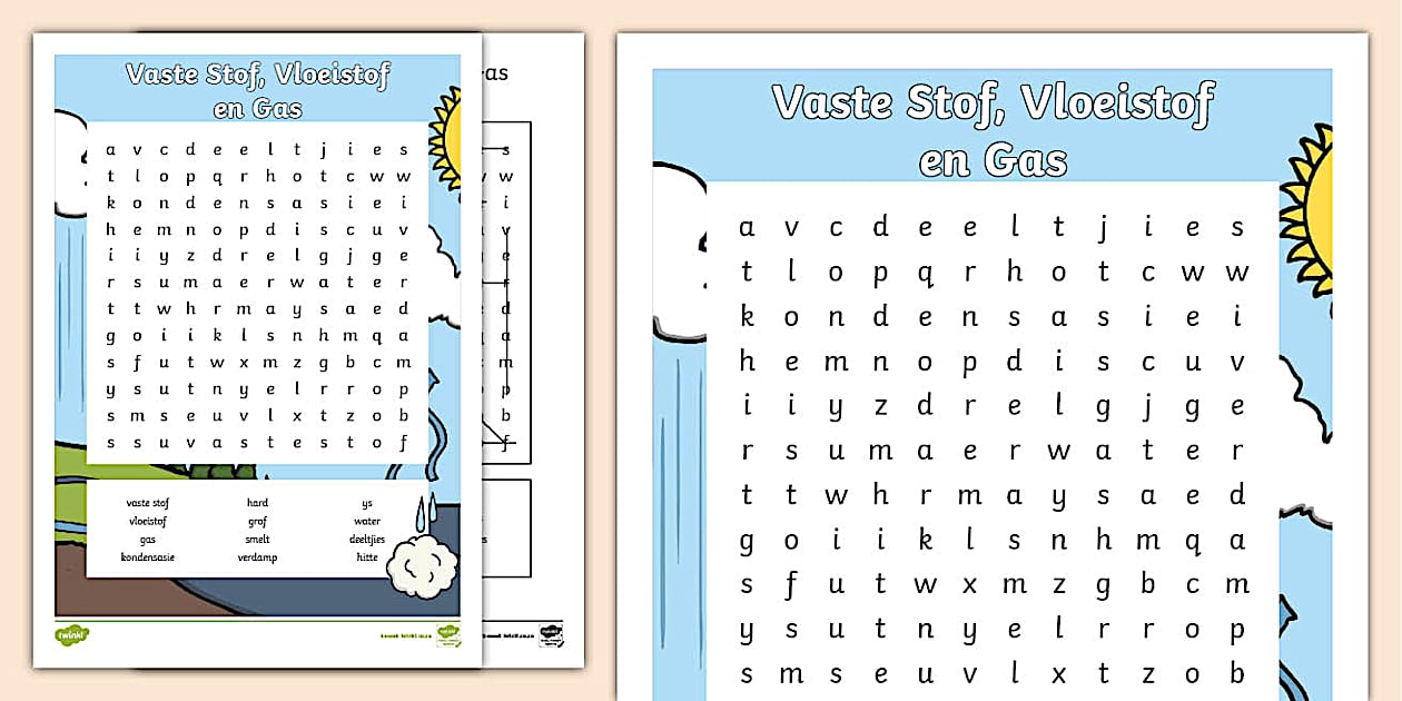 Vastestof, Vloeistof en Gas Woordsoek - Twinkl