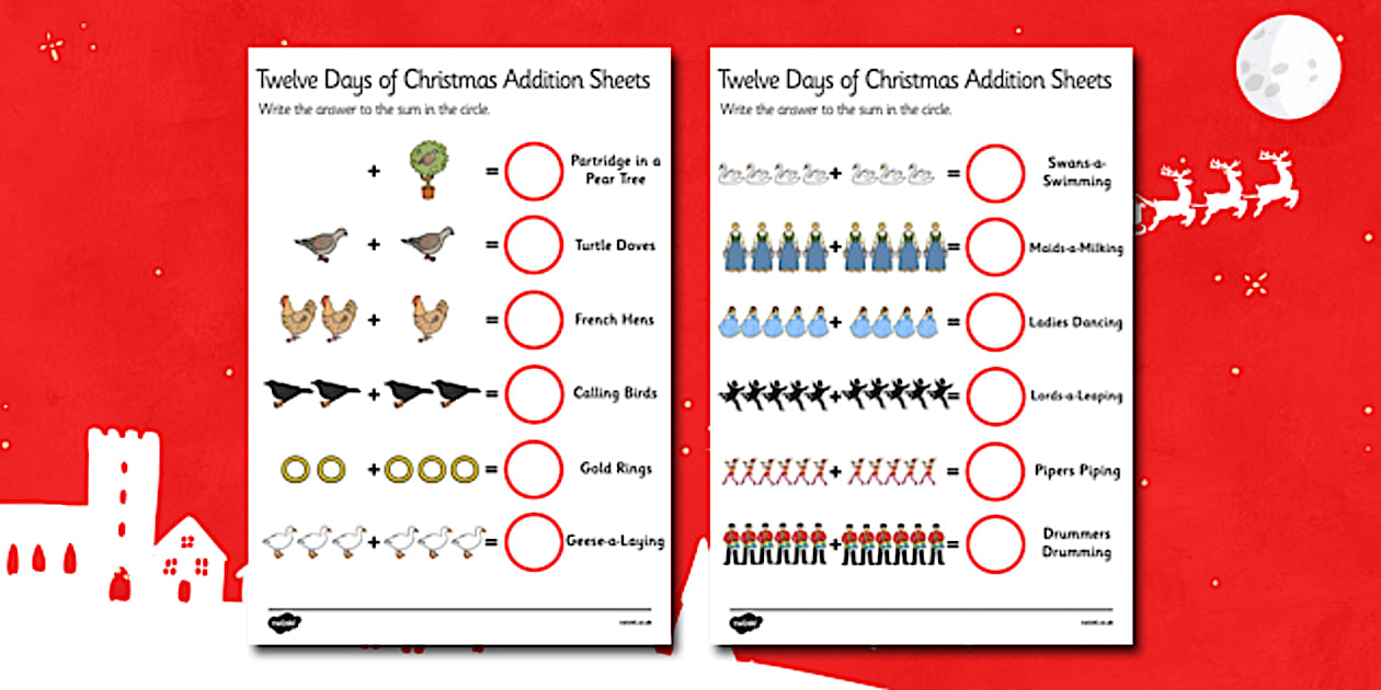 Twelve Days of Christmas Themed Addition Worksheets - Twinkl