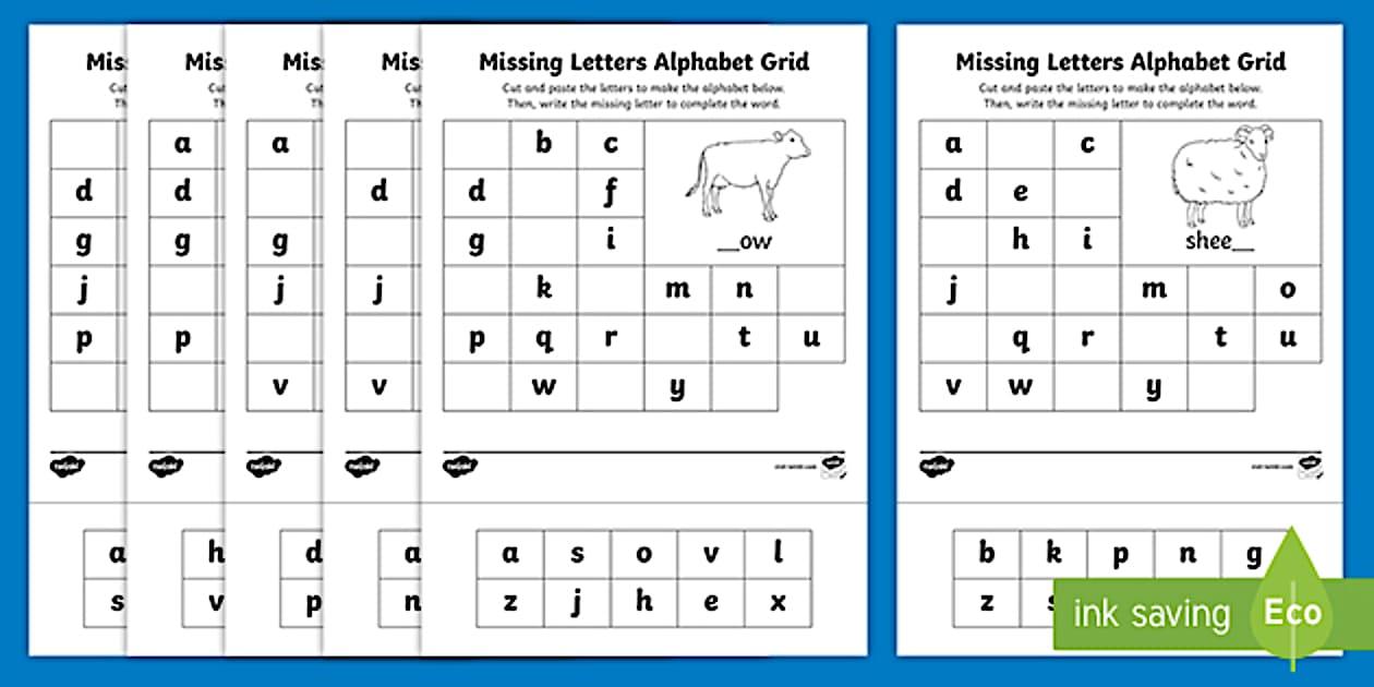 Cursive Farm Missing Letters Alphabet Grid Worksheet
