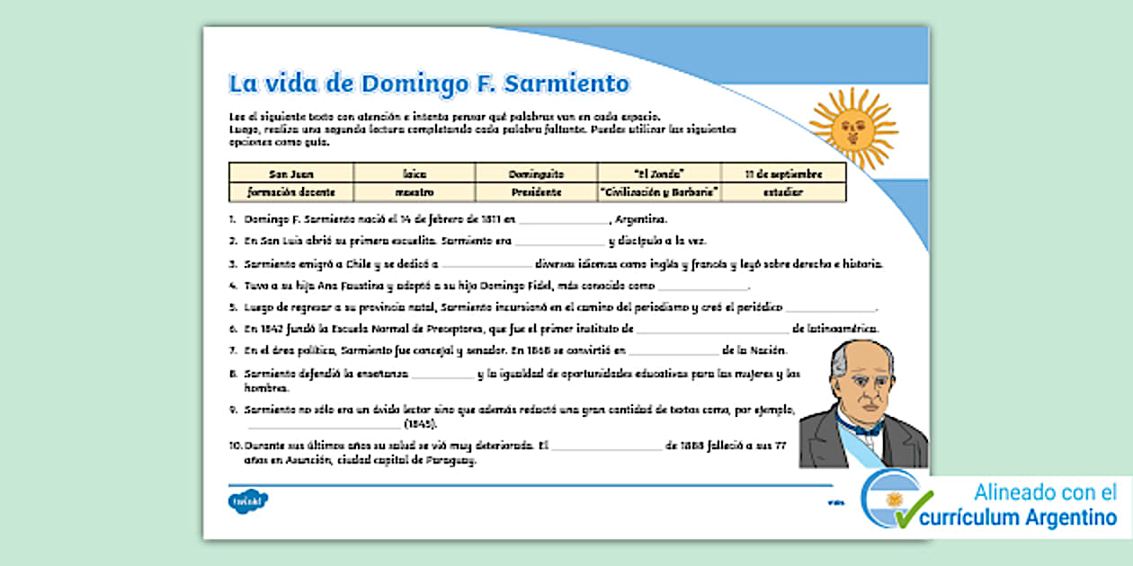 Hoja de actividad: la vida de Sarmiento para niños - Twinkl