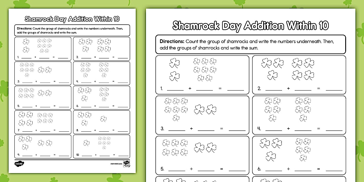 Shamrock Addition Within 10 Worksheet for K-1st Grade