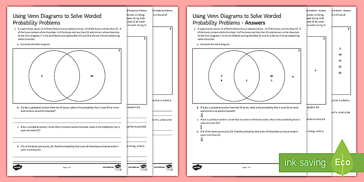 Using Venn Diagrams to Solve Worded Probability Problems Worksheet ...