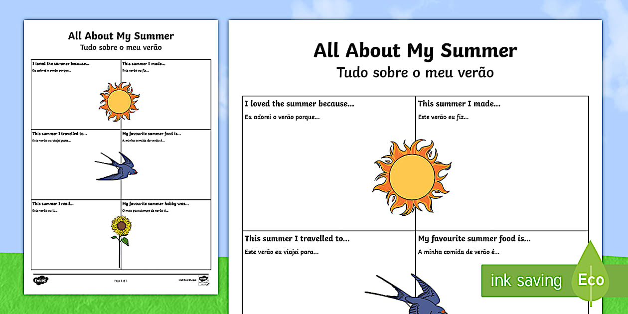 Black and White All about My Summer Worksheet English/Portuguese