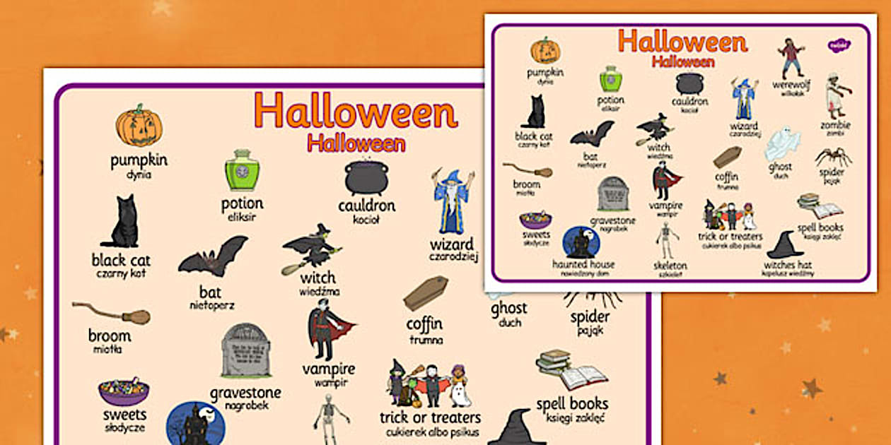 Black and White Halloween Word Mat Polish Translation