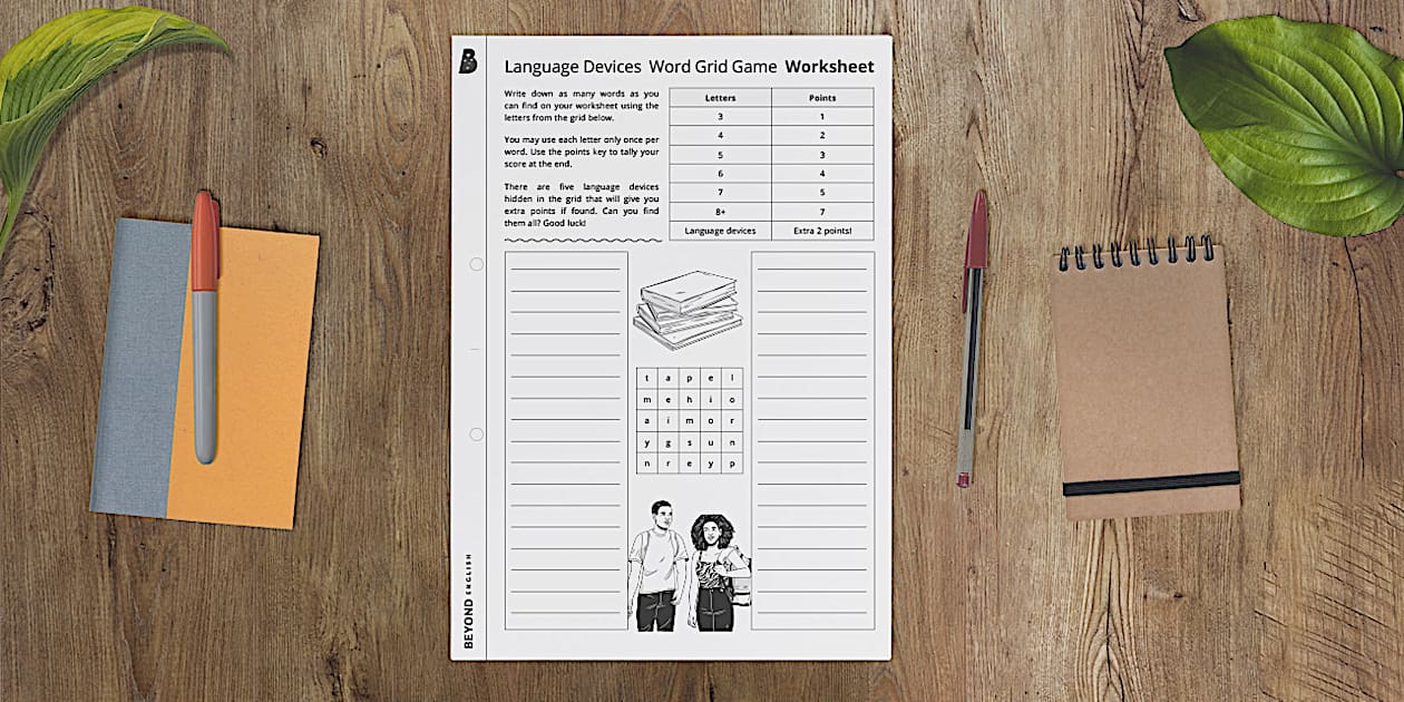Language Devices Word Grid Game for Years 7-8 (teacher made)