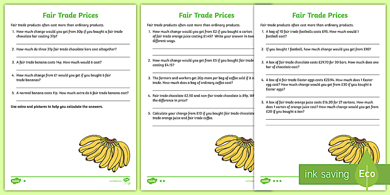 Fair Trade Prices Differentiated Worksheets - Twinkl