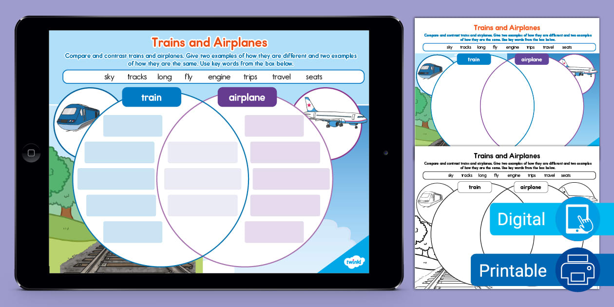 Compare and Contrast Writing Worksheet for ELLs: Trains and Airplanes