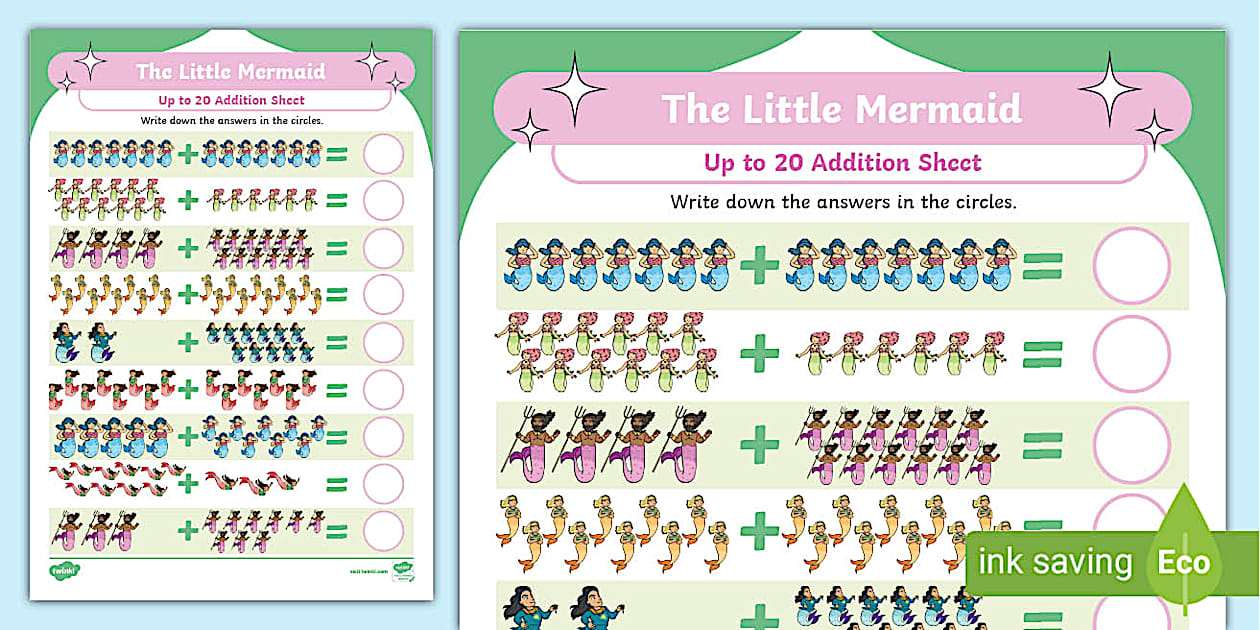 The Little Mermaid Up to 20 Addition Sheet (Teacher-Made)