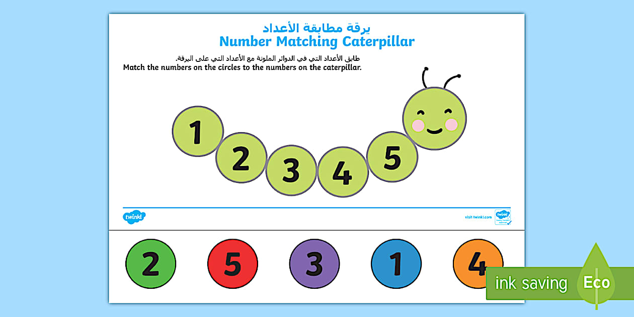 Number Matching Caterpillar Activity - Arabic/English - Number Matching