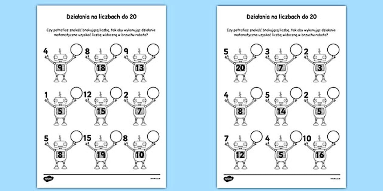 Zadania matematyczne z robotami liczby 1-20 po polsku - liczenie