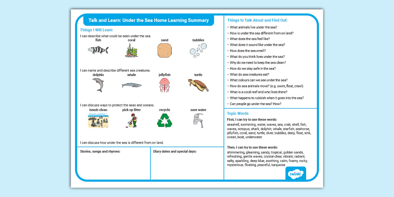 Talk and Learn: Under the Sea Home Learning Summary - Twinkl