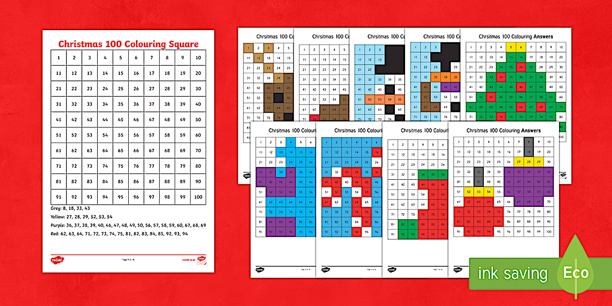Christmas Colour By Numbers - 100 Square - 12 Days of Christmas