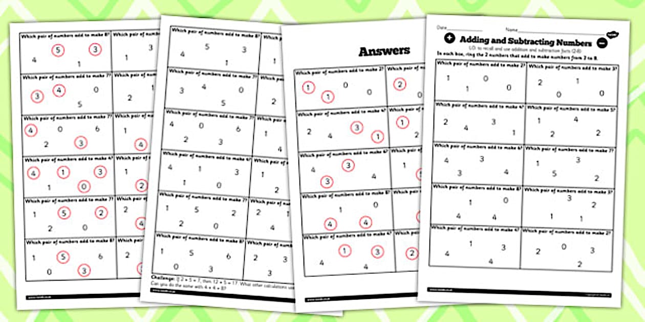 Number Facts Finding Pairs Worksheet 2-8 (teacher made)