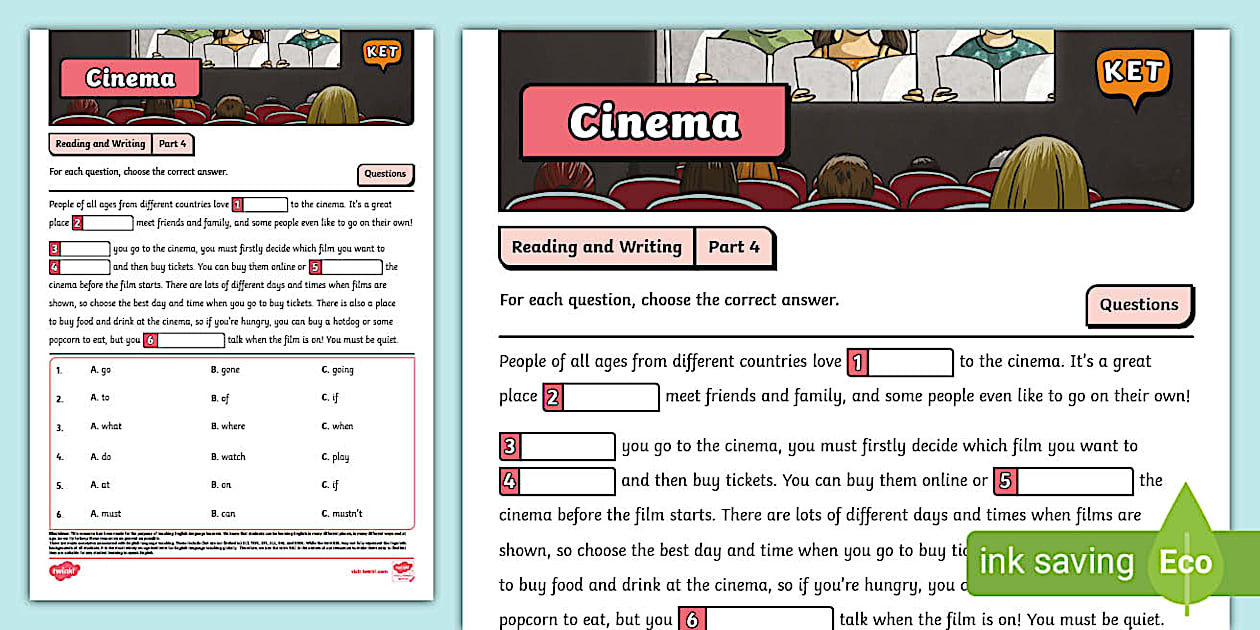 ESL A2 Key Reading and Writing Part 4 Worksheet (Cinema)