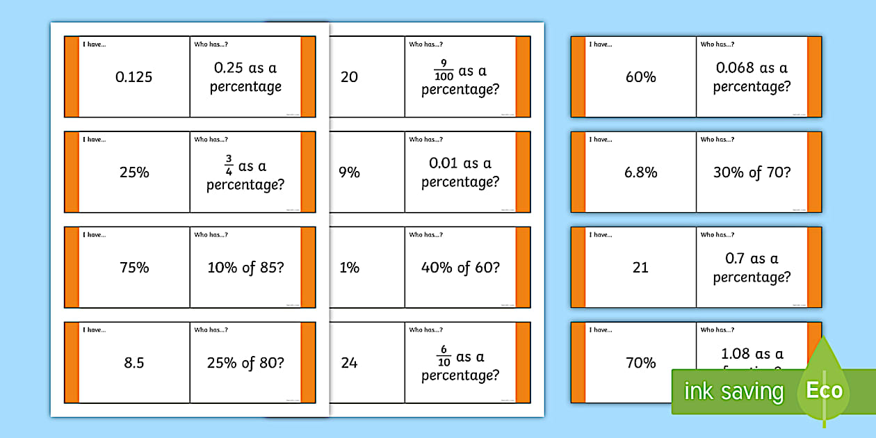 Fractions Decimals and Percentages Loop Cards (Grade 6)