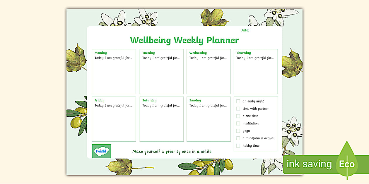 Wellbeing Weekly Planner (teacher made) - Twinkl