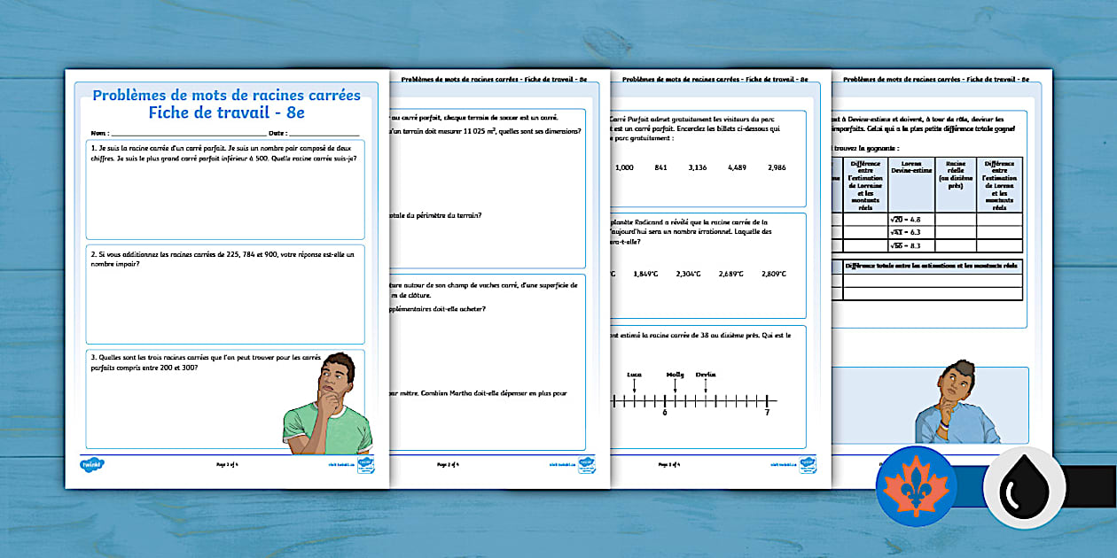 Square Roots Word Problems - Grade 8 French