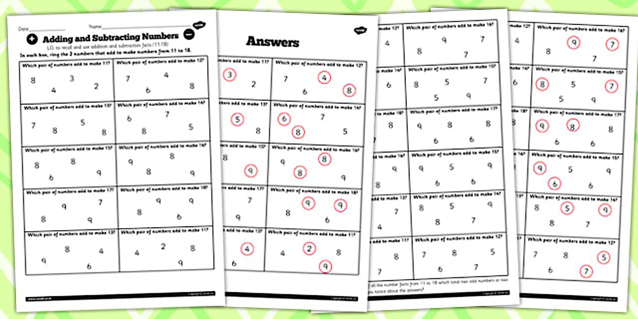 Number Facts Finding Pairs Worksheet 11-18 (teacher made)