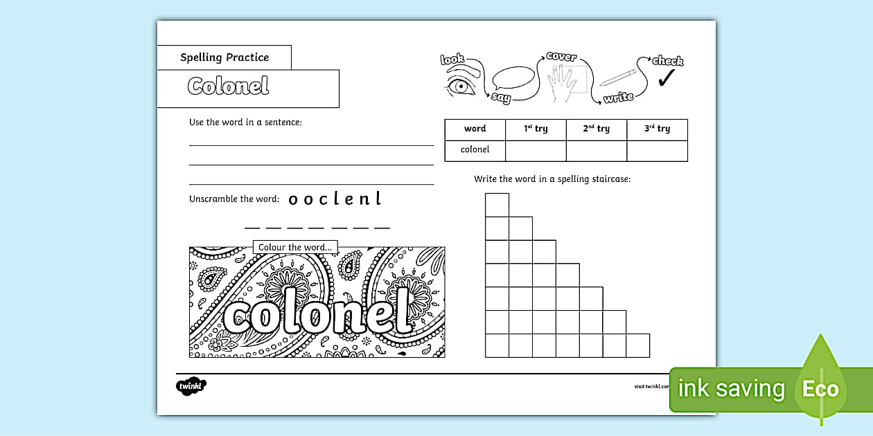 Colonel Spelling Practice Worksheet (teacher made) - Twinkl