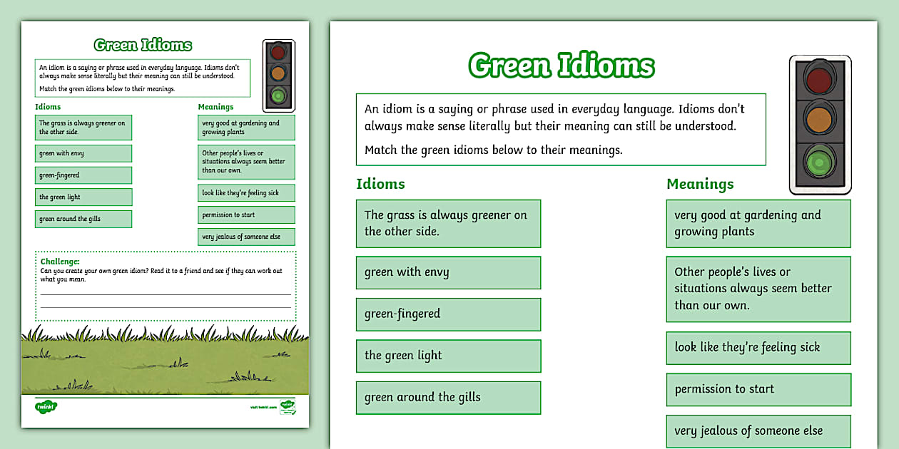Green Idioms Matching Worksheet (teacher made) - Twinkl