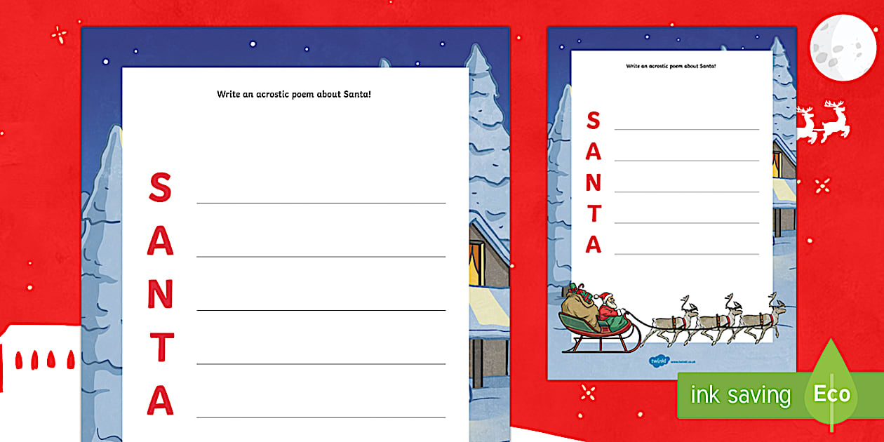 Black and White Santa Acrostic Poem Writing Worksheet