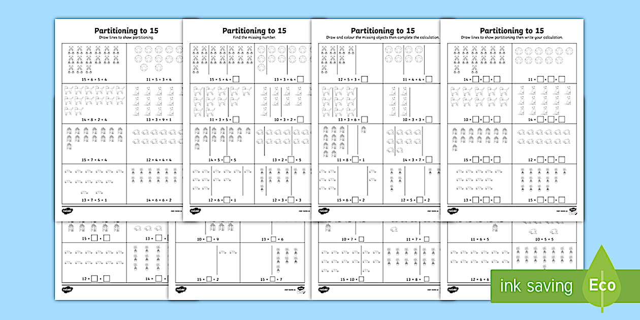 Partitioning to 15 Worksheets (Teacher-Made) - Twinkl