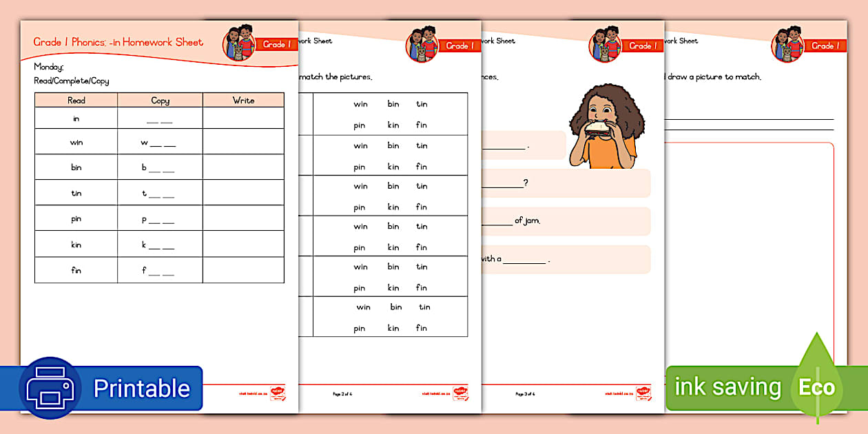Grade 1 Phonics: -in Homework Sheet (teacher made) - Twinkl
