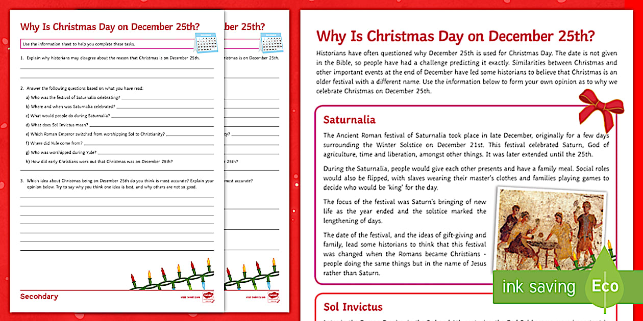 Why Is Christmas Day on December 25th? Differentiated Worksheet / Worksheet