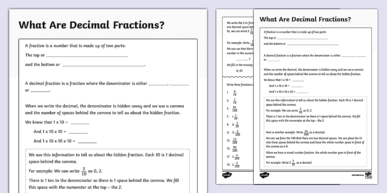 What Are Decimal Fractions - Notes and Activity - Twinkl