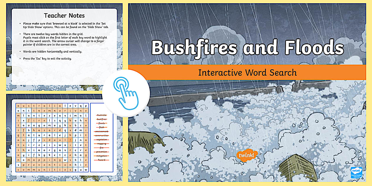 Bushfires and Floods Interactive Word Search (teacher made)