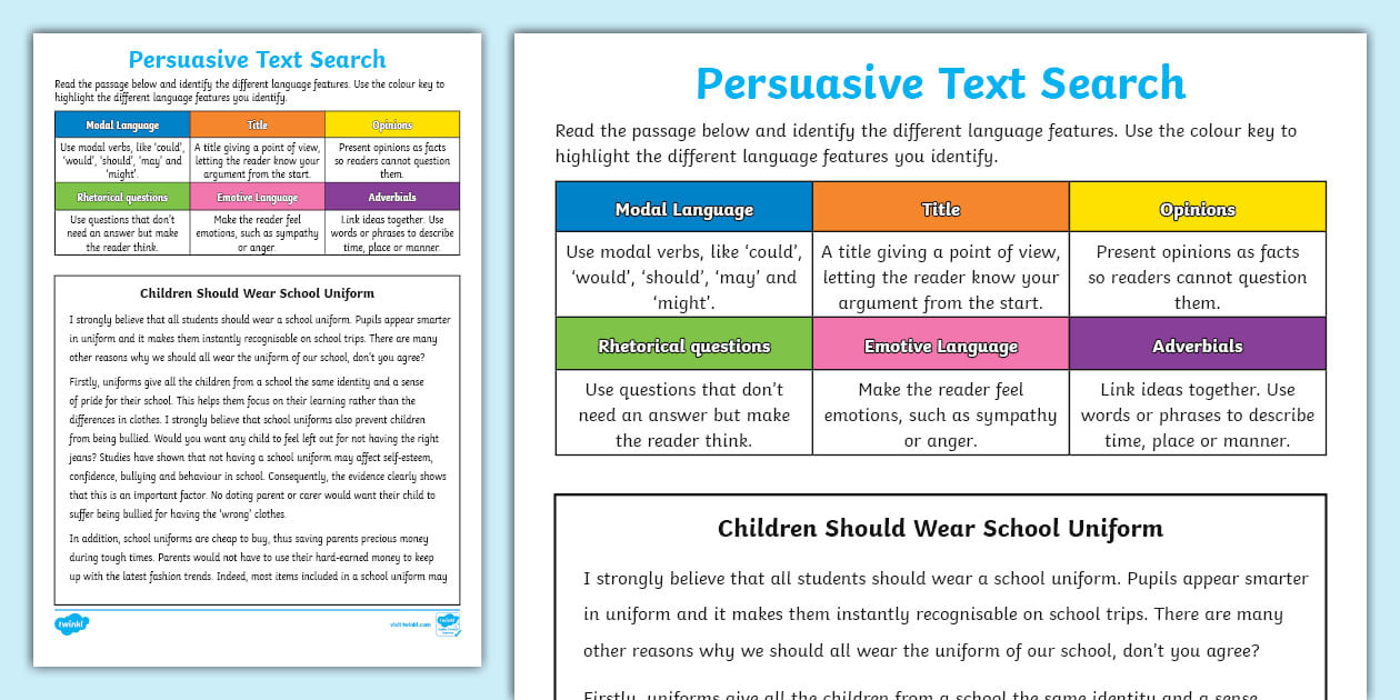 Persuasive Text Search Activity Sheet - Primary Resources