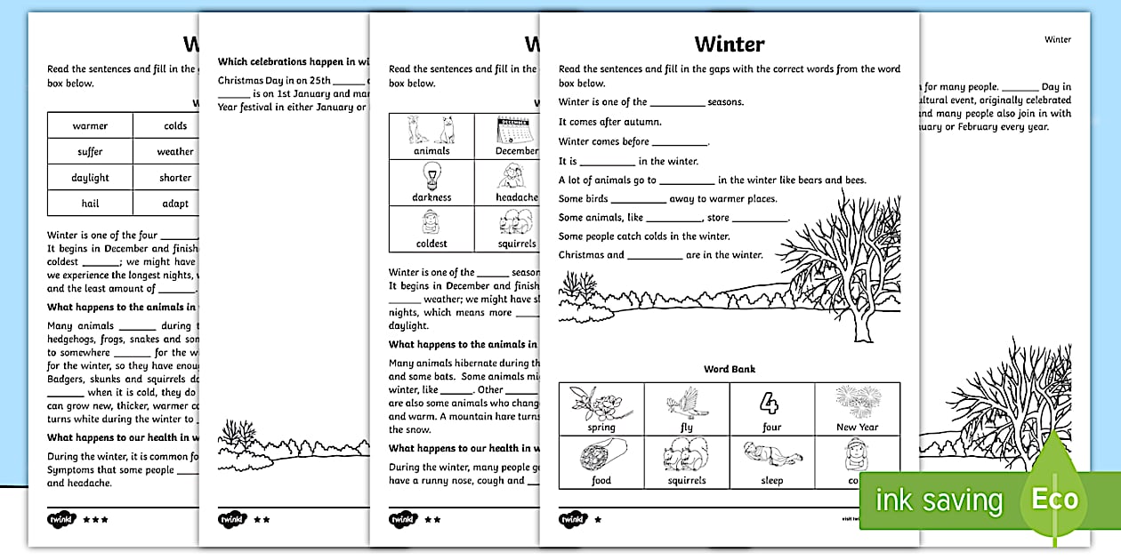 Editable KS1 Winter Cloze Procedure Differentiated Worksheets
