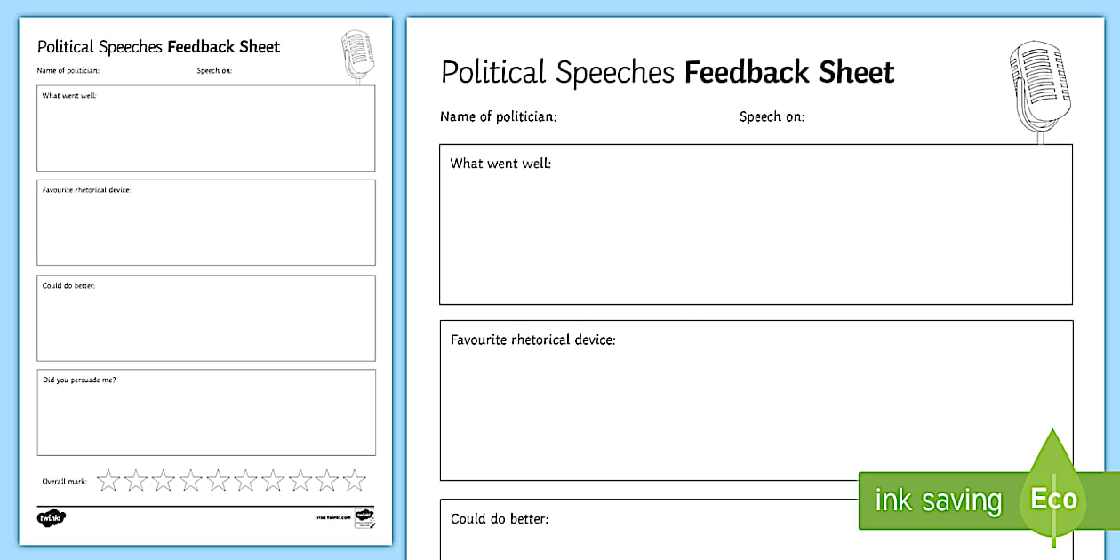 Editable Oracy: Political Speeches Feedback Worksheet