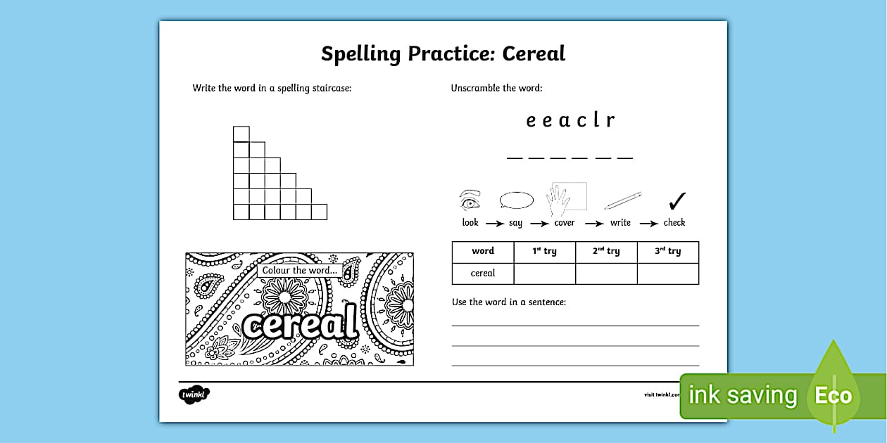 Cereal Spelling Practice Worksheet (teacher made) - Twinkl