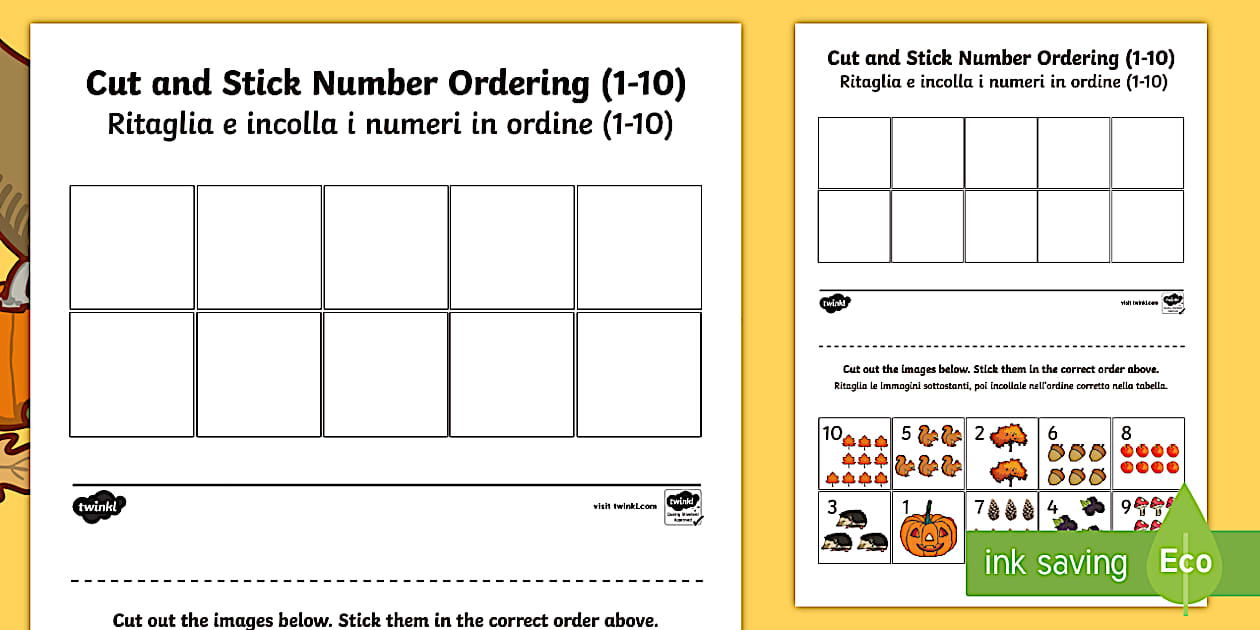 Black and White Autumn Themed Cut and Stick Number Ordering Sheets 1-10