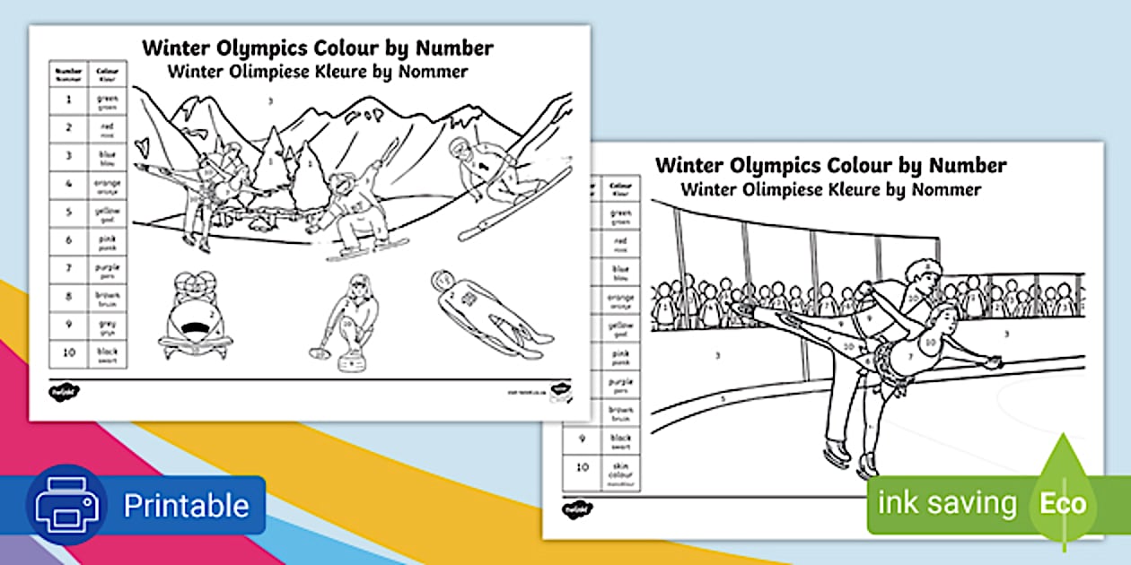 Winter Olympics Colour by Number Colouring Pages English/Afrikaans