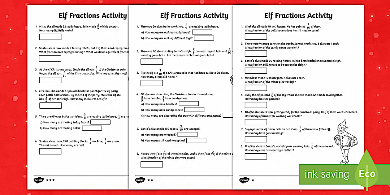 Differentiated Elf-Themed Christmas Fractions Worksheets