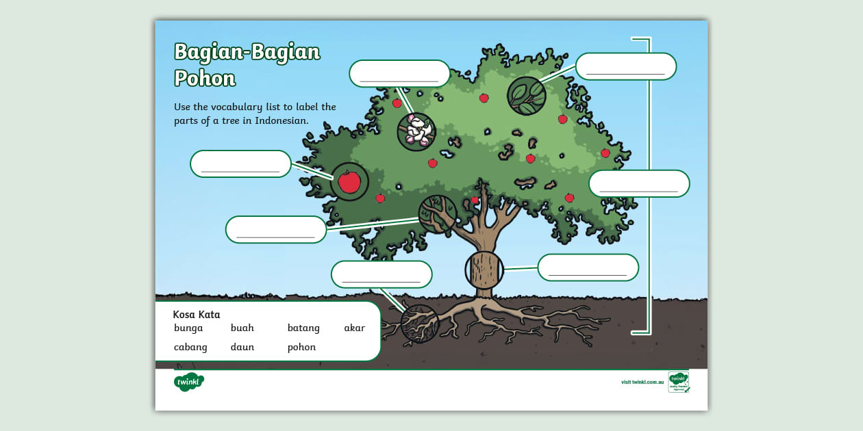 Parts of a Tree Labelling Activity - Indonesian - Twinkl