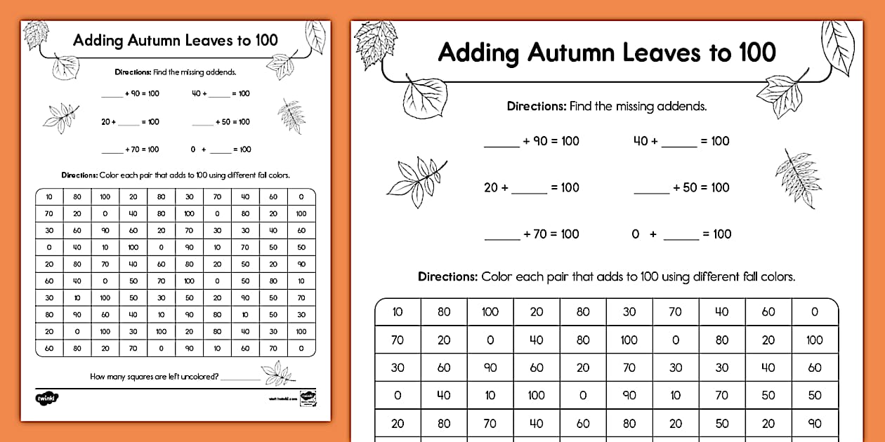 Second Grade Adding Autumn Leaves to 100 - Twinkl