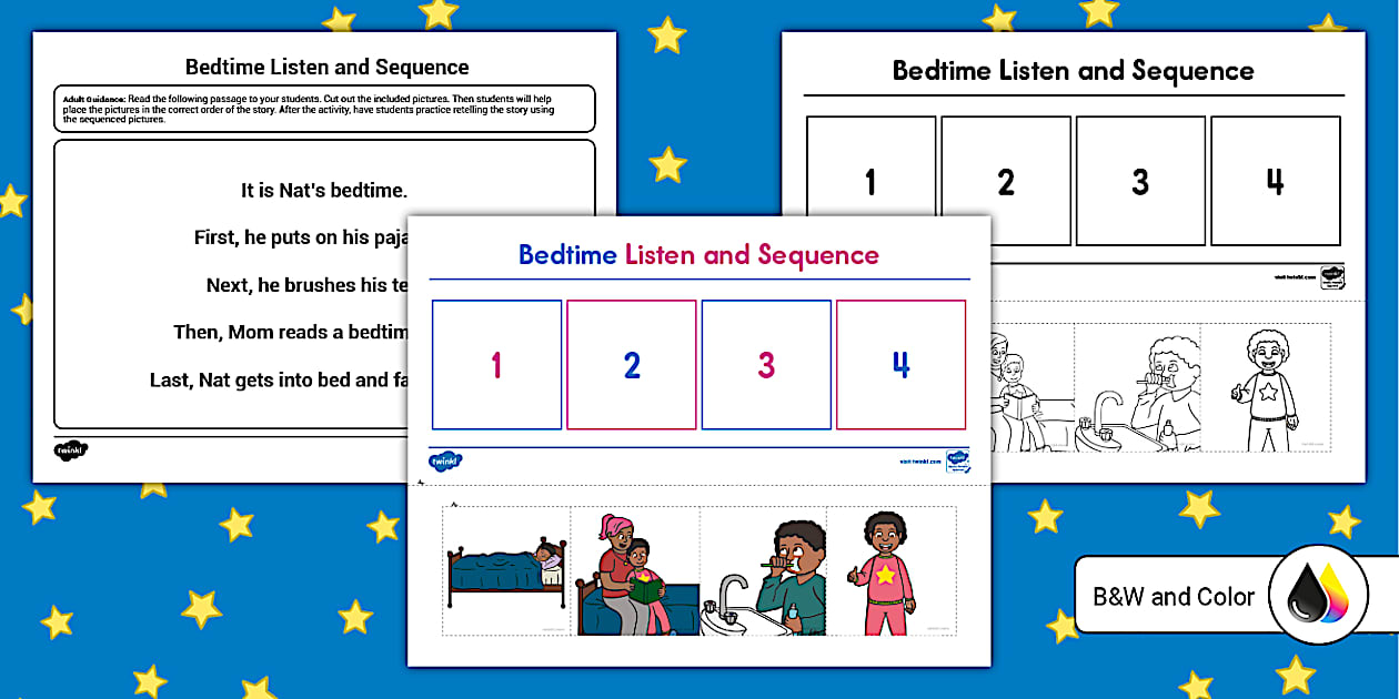Bedtime Listen and Sequence Worksheet (teacher made)
