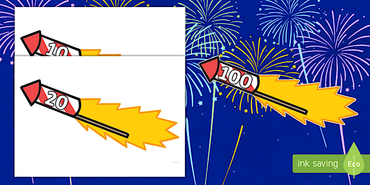 Counting in 10s to 100 on Firework Rockets Cut-Outs - Twinkl