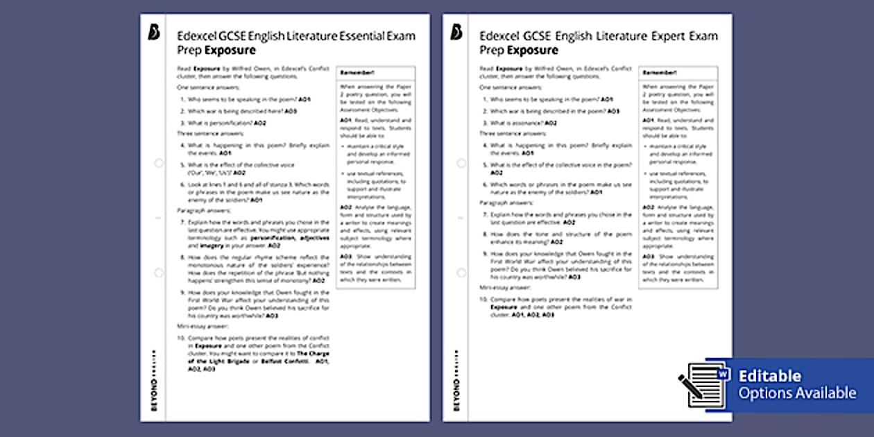 Edexcel GCSE Poetry Exam Prep - 'Exposure' Worksheet