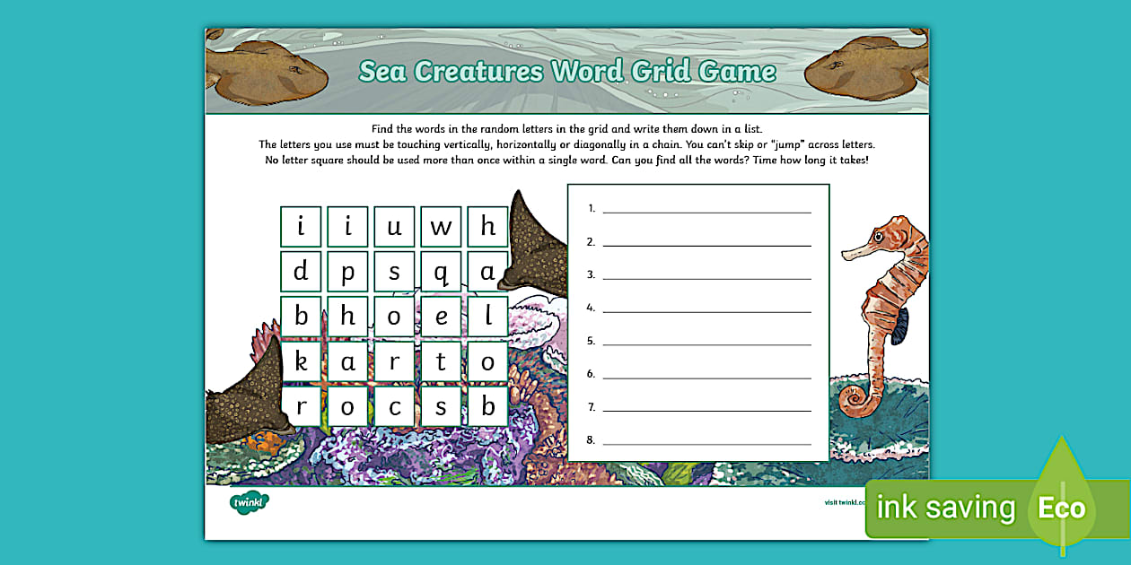 Sea Creatures Word Grid Game (creat de profesori) - Twinkl
