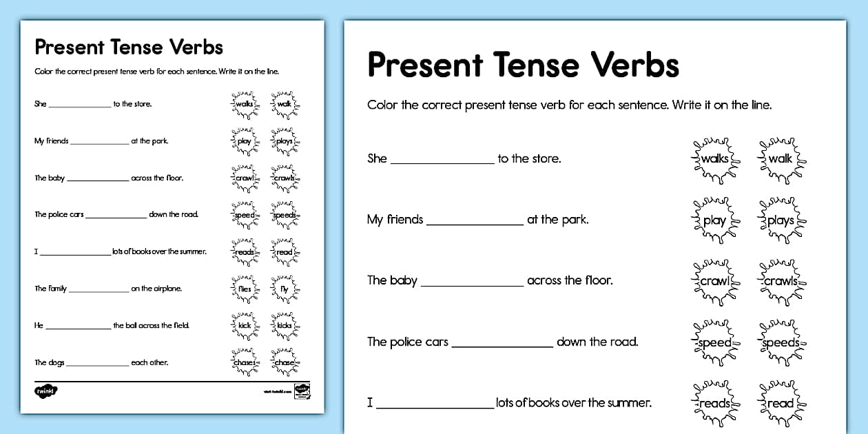 Present Tense Verbs Complete the Sentence Activity Worksheet for K-2nd