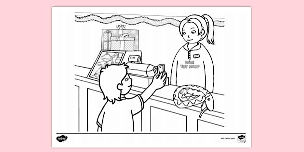 EYFS Boy Buying Toy As Gift Colouring | Colouring Sheets